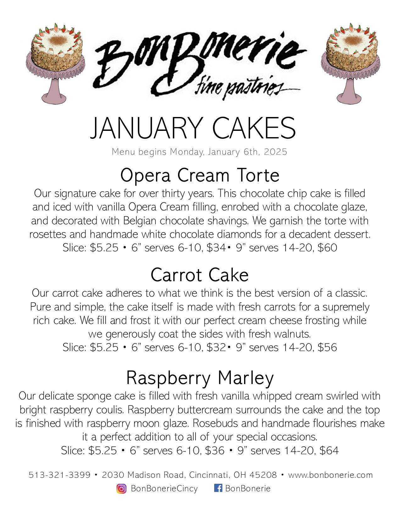 Bakery | Printable Monthly Cake Menu | January Cake Menu