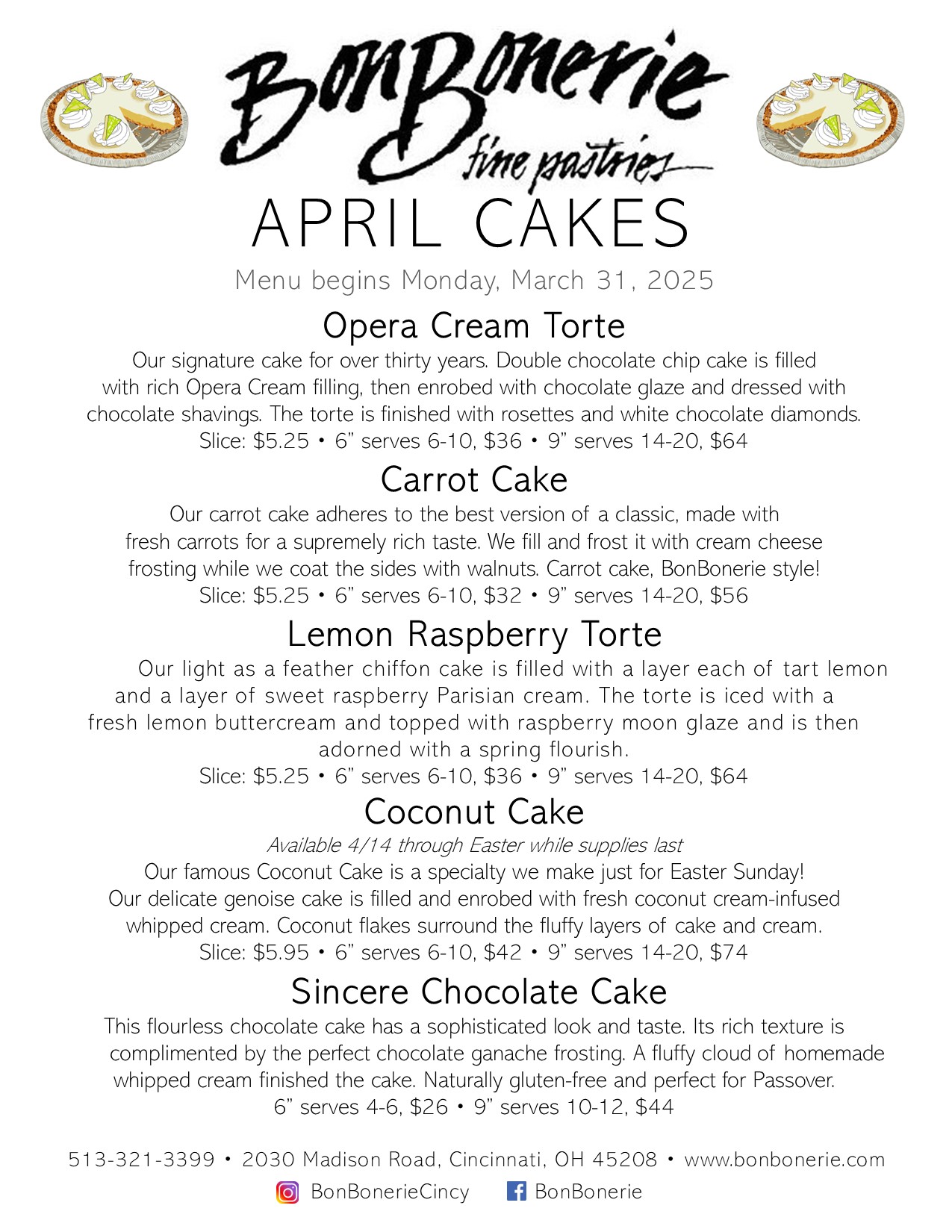Bakery | Printable Monthly Cake Menu | April Cake Menu