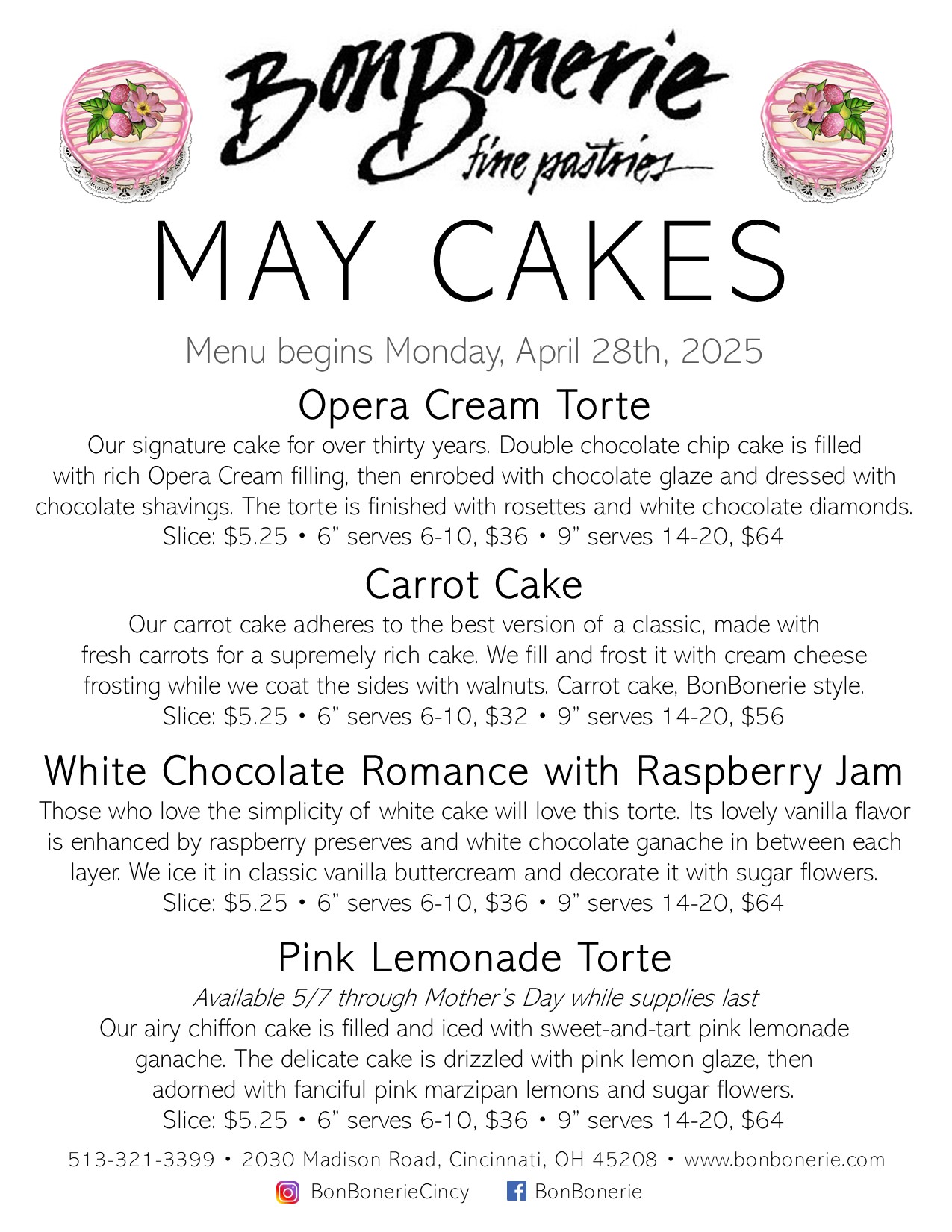 Bakery | Printable Monthly Cake Menu | May Cake Menu
