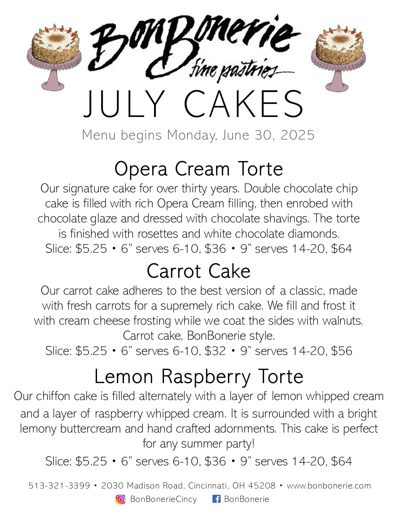 Bakery | Printable Monthly Cake Menu | July Cake Menu