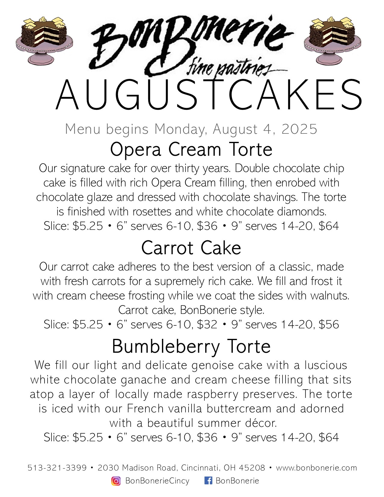 Bakery | Printable Monthly Cake Menu | August Cake Menu