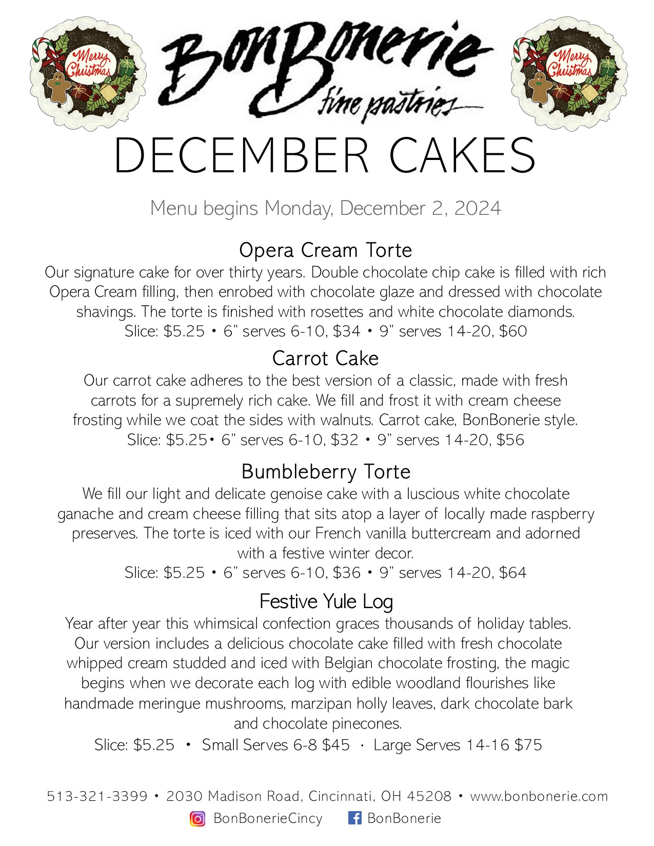 Bakery | Printable Monthly Cake Menu | December Cake menu
