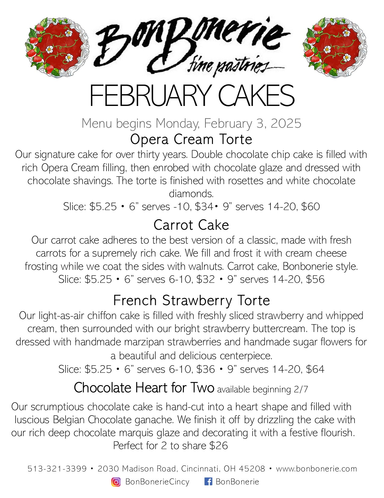 Bakery | Printable Monthly Cake Menu | February Cake Menu